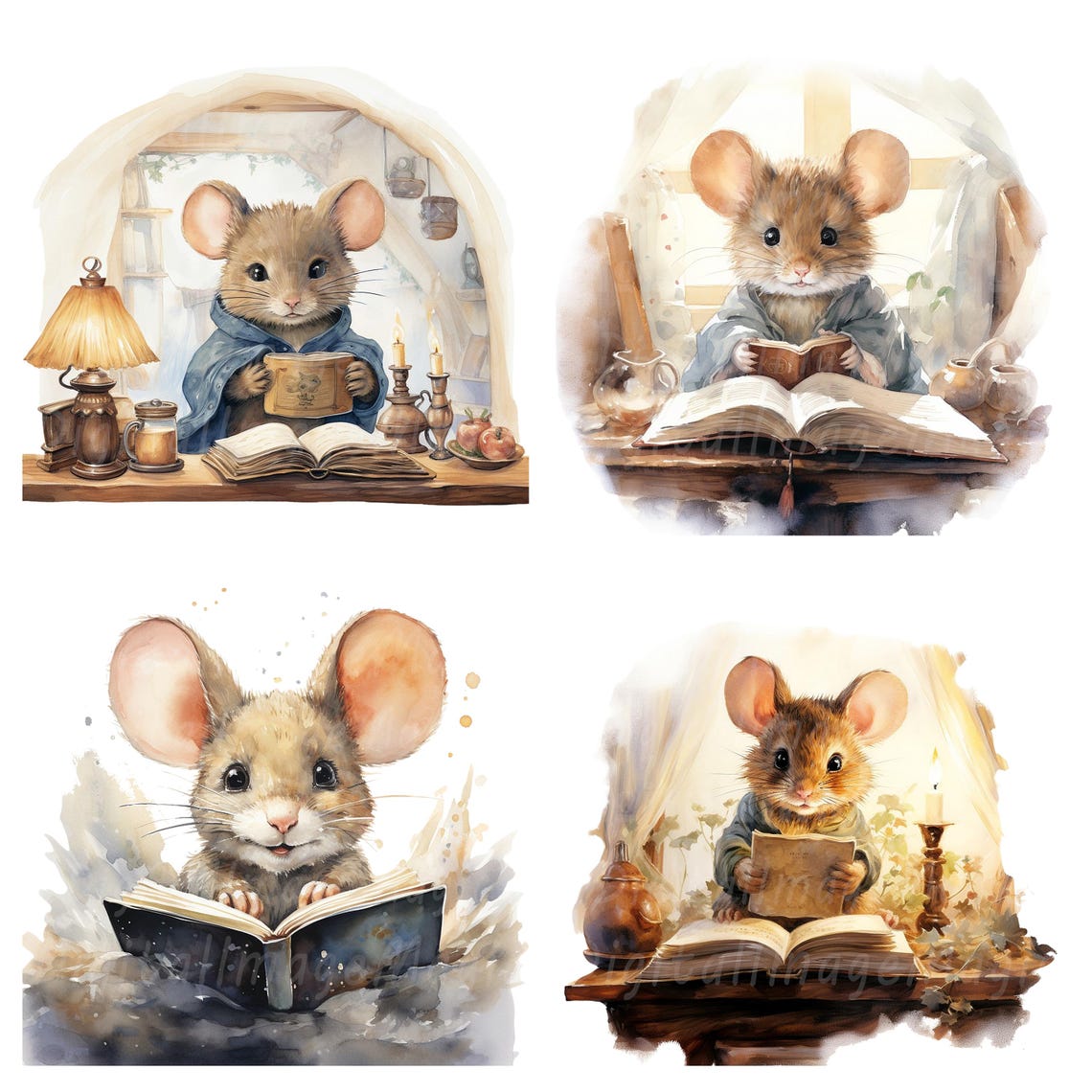 18 Mouse Reading Book Clipart, Mouse Bedroom, Printable Watercolor ...