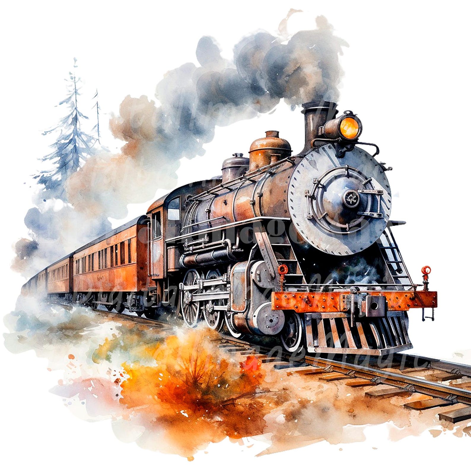12 Cartoon Locomotives Clipart, Antique Train, Printable Watercolor ...