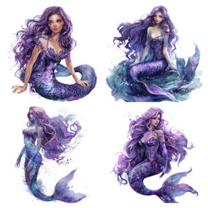 19 Purple Mermaid Clipart, Cartoon Mermaid, Printable Watercolor ...