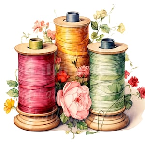 18 Vintage Spools of Thread Clipart, Floral, Printable Watercolor ...