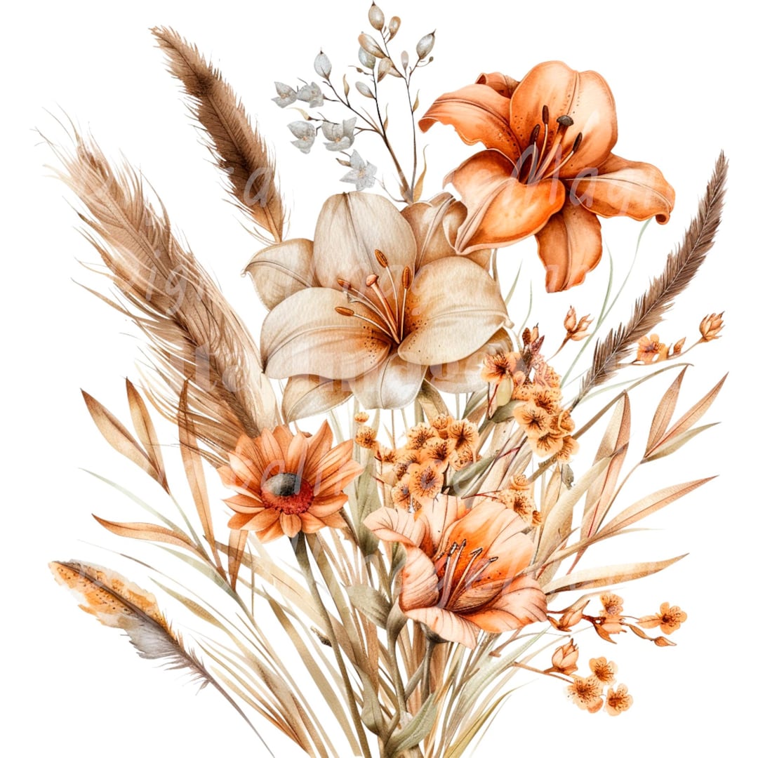 24 Boho Flowers Bouquet Clipart, Flowers Stationery, Lilies, Printable ...