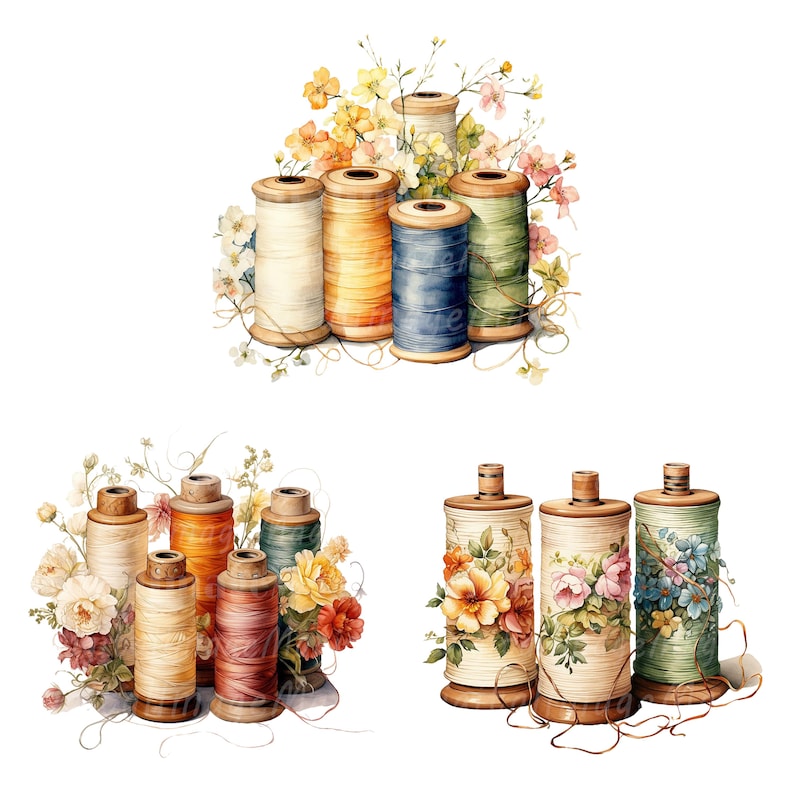 18 Vintage Spools of Thread Clipart, Floral, Printable Watercolor ...