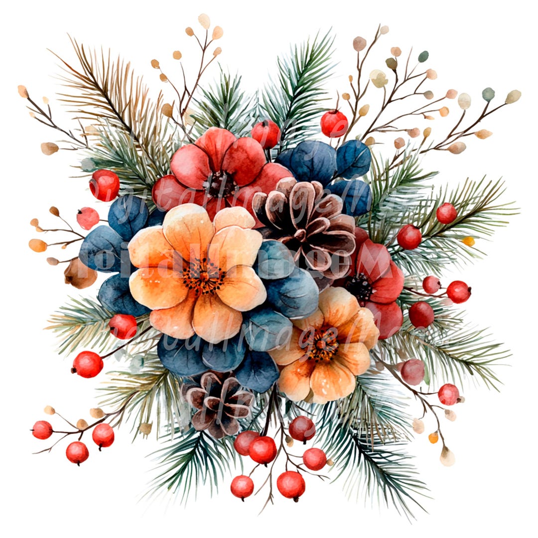 24 Winter Flowers Bouquet Clipart, Winter Floral, Printable Watercolor ...