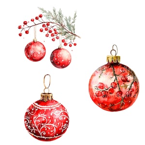 24 Red Bauble Clipart, Christmas Bauble Clipart, Printable Watercolor ...