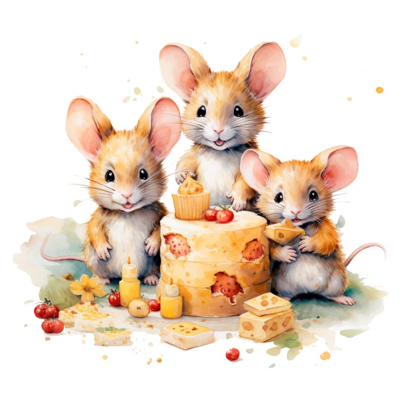 19 Mice Family Party Clipart, Mouse and Cheese, Printable Watercolor ...