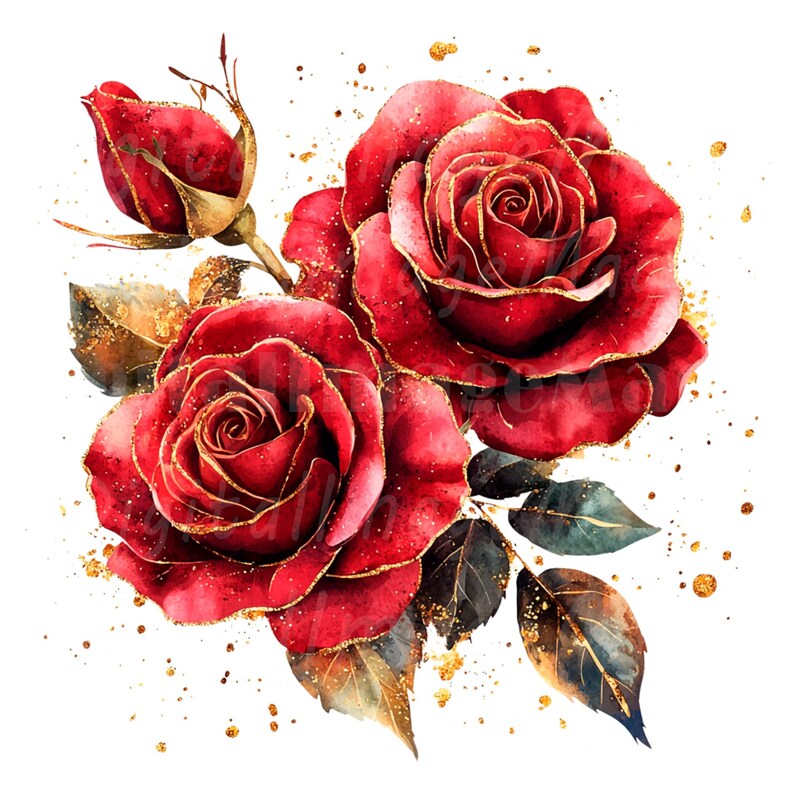 19 Red Gold Rose Clipart, Pastel Rose Stem, Printable Watercolor ...
