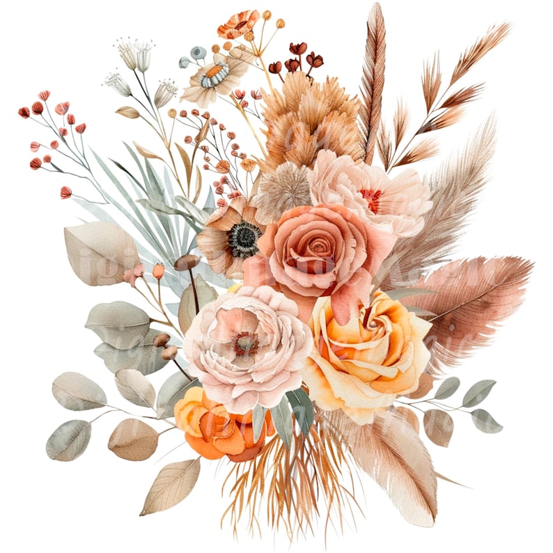 18 Boho Flowers Bouquet Clipart, Flowers Wall Art, Elegant, Printable ...