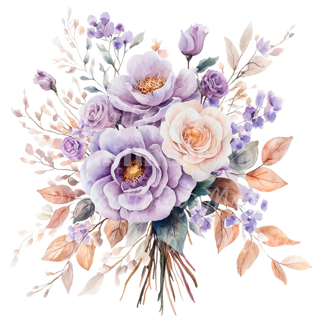 24 Purple Flowers Bouquet Clipart, Violet Floral, Printable Watercolor ...