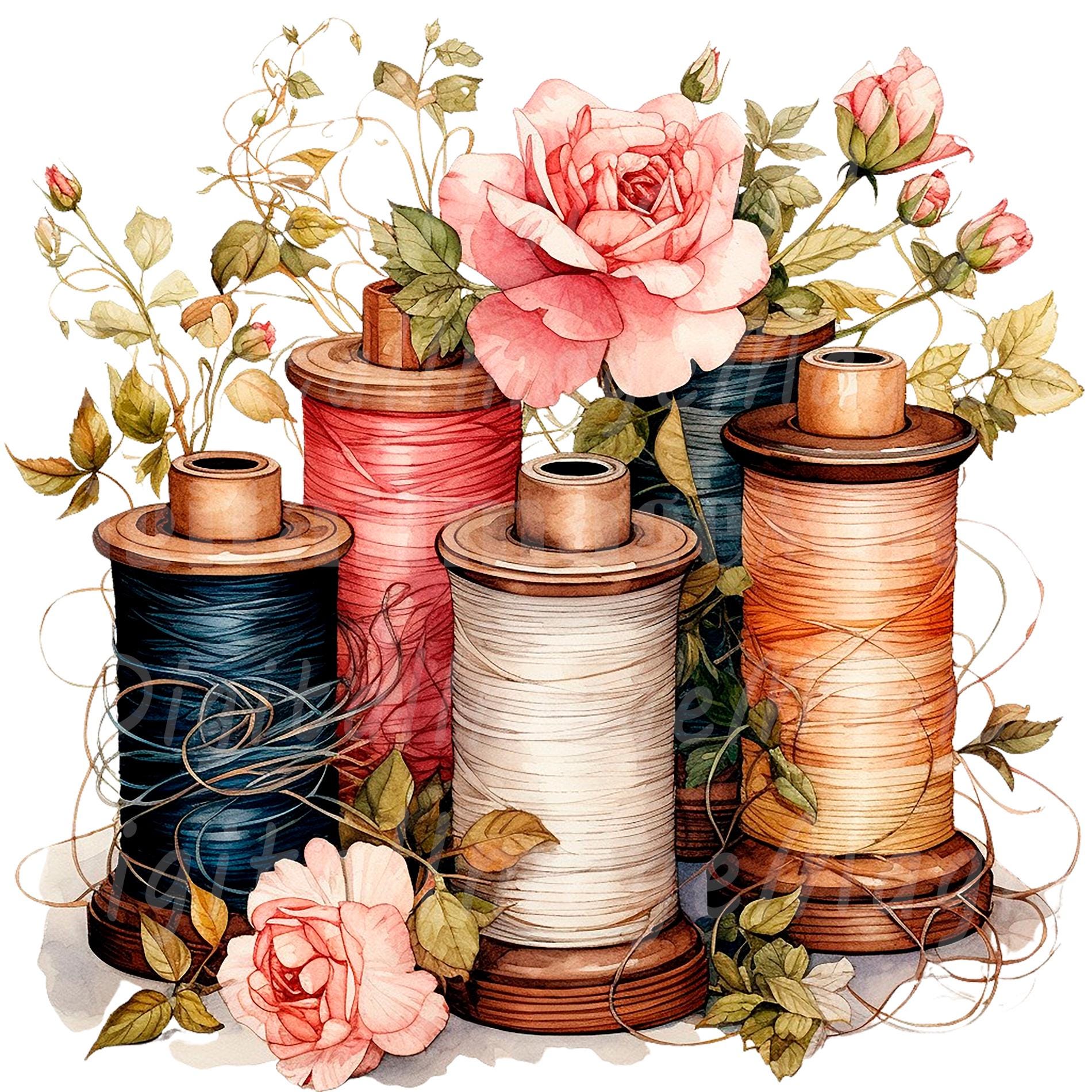 18 Vintage Spools of Thread Clipart, Floral, Printable Watercolor ...
