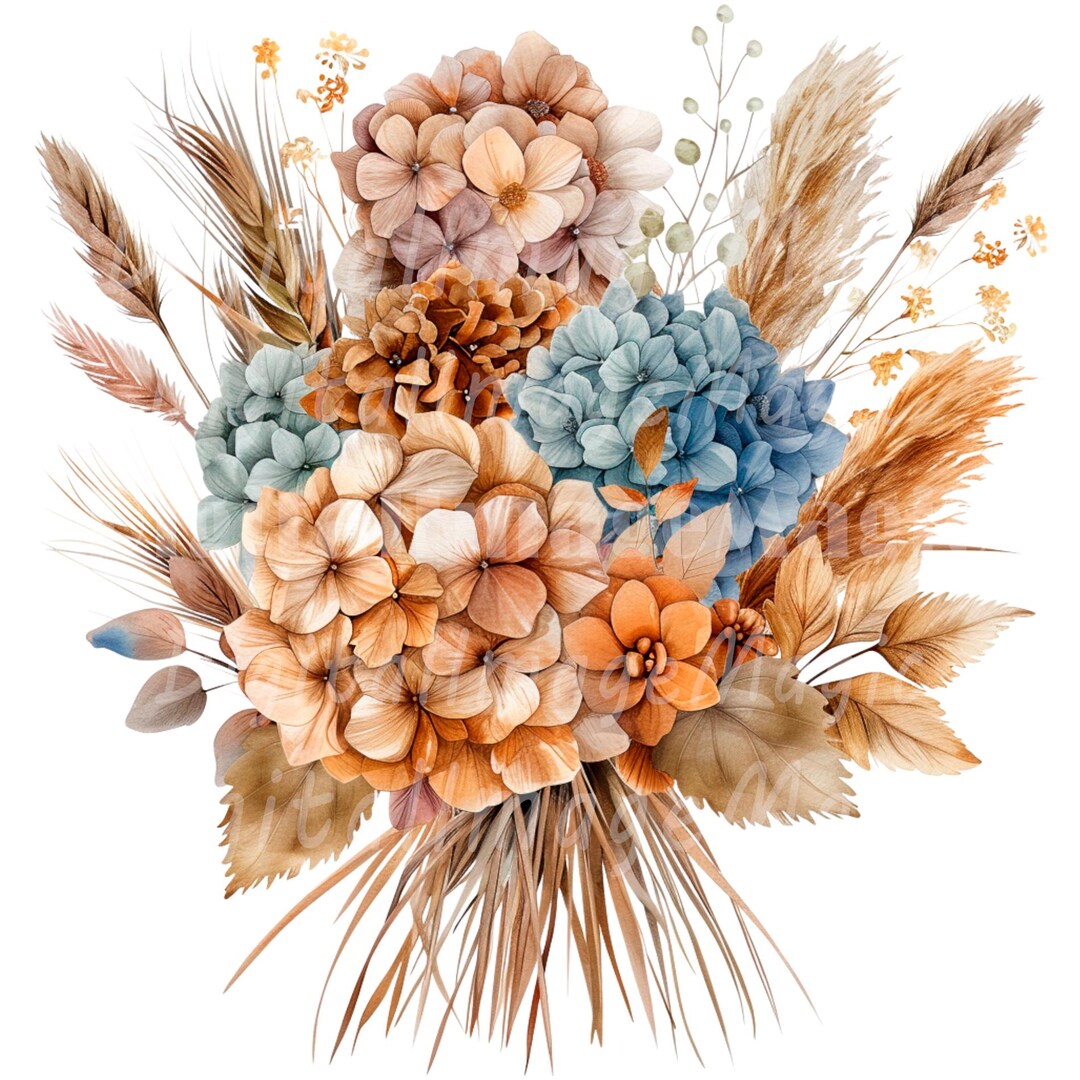 18 Boho Flowers Bouquet Clipart, Flowers Stationery, Hydrangeas ...