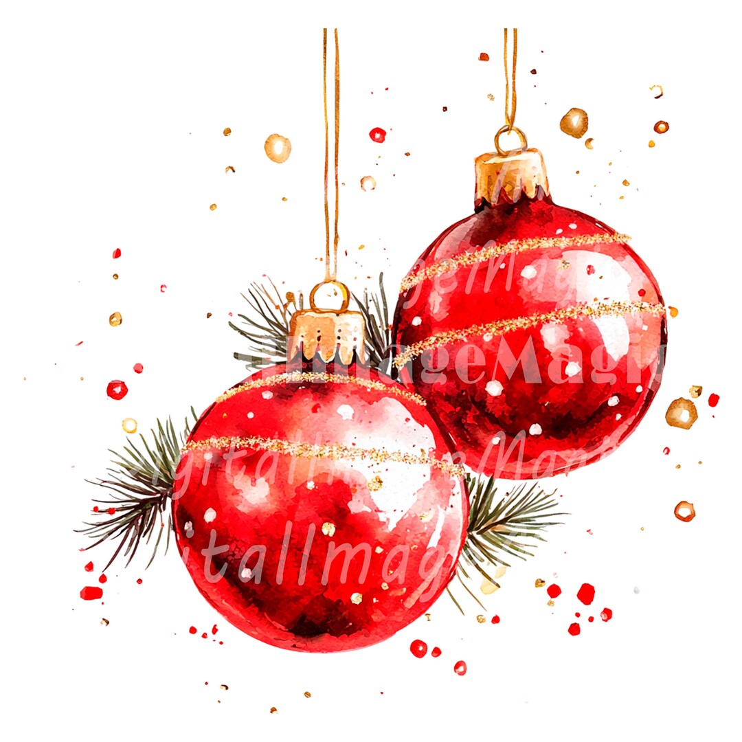 24 Red Bauble Clipart, Christmas Bauble Clipart, Printable Watercolor ...