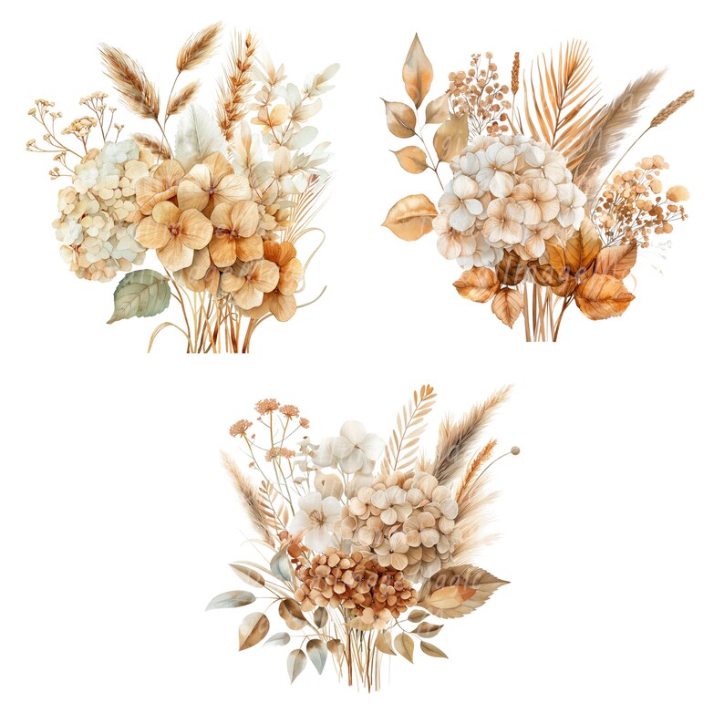 24 Boho Flowers Bouquet Clipart, Flowers Stationery, Hydrangeas ...