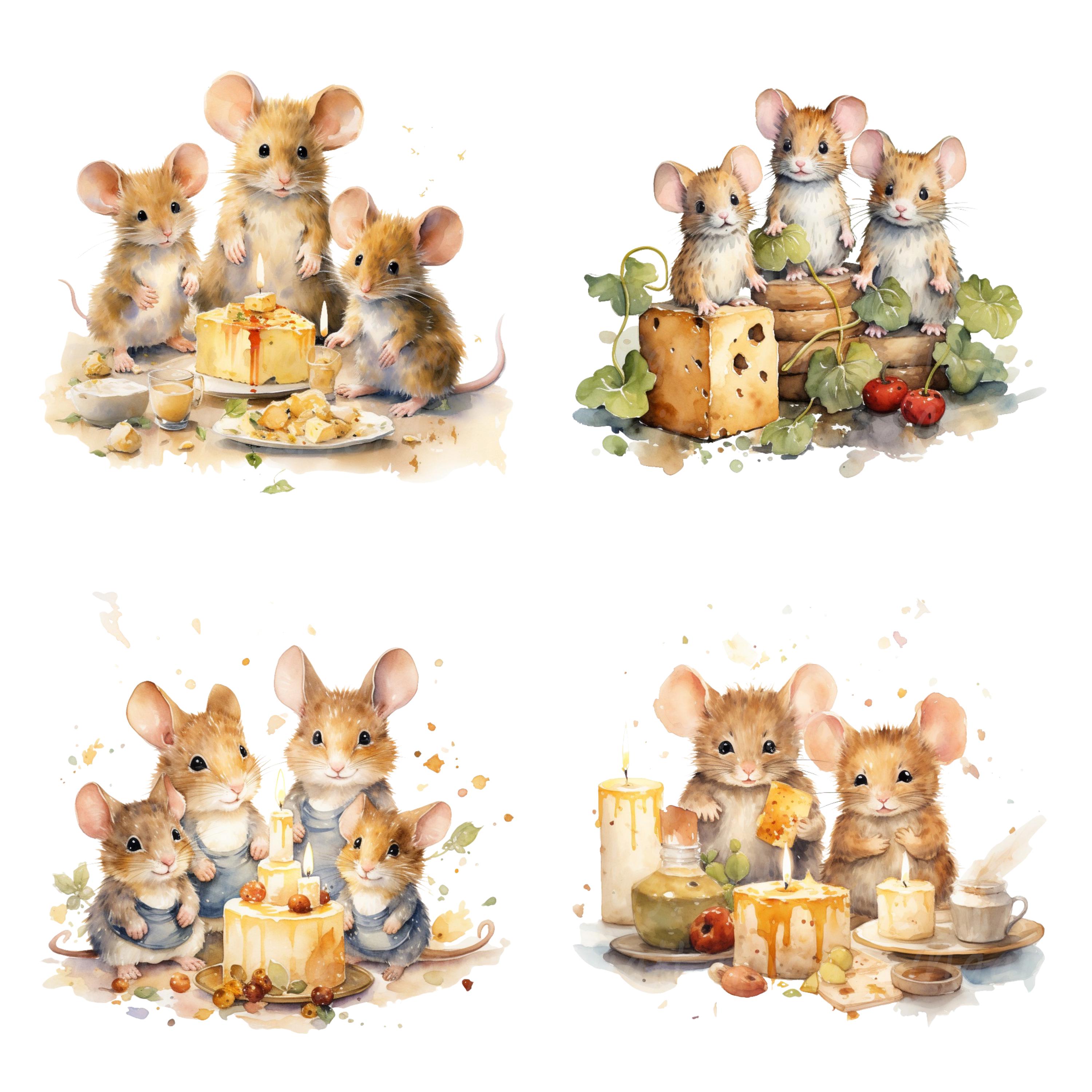 19 Mice Family Party Clipart, Mouse and Cheese, Printable Watercolor ...
