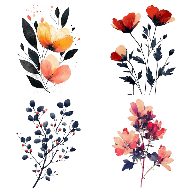 24 Various Flowers Clipart, Flowers Print, Printable Watercolor Clipart ...