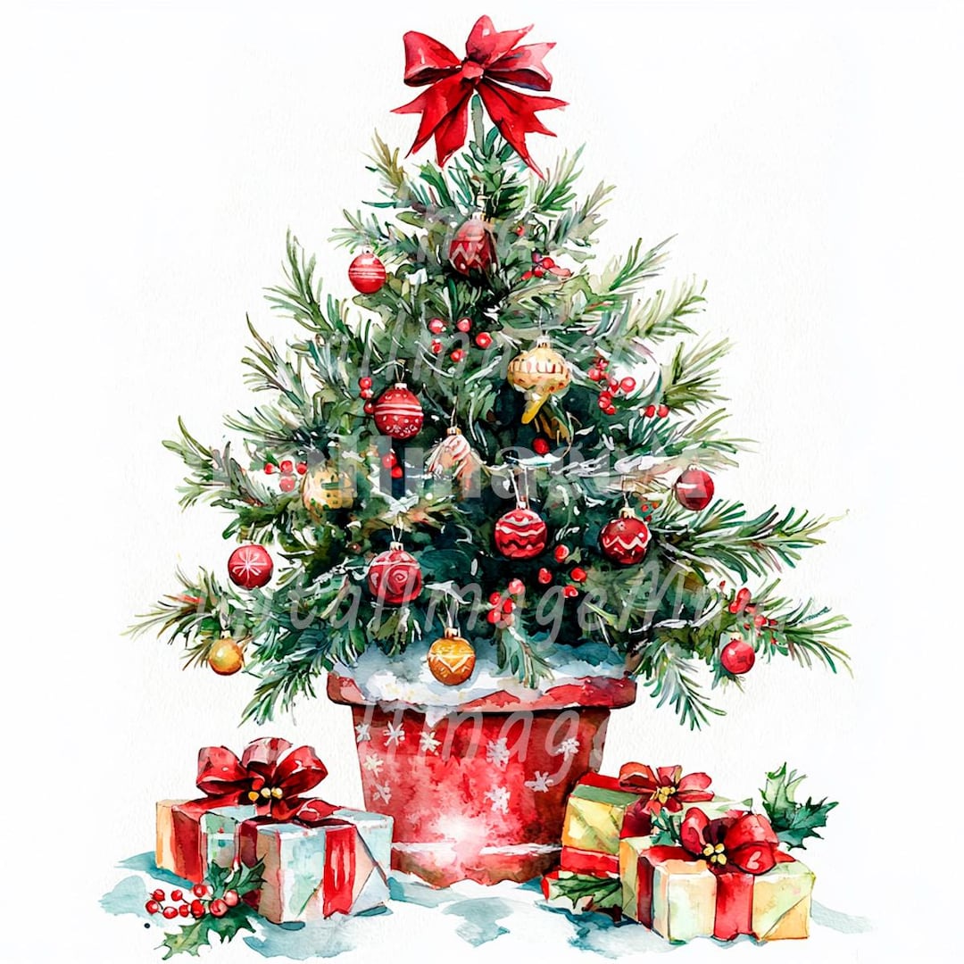 24 Potted Christmas Tree Clipart, Printable Watercolor Clipart, High ...