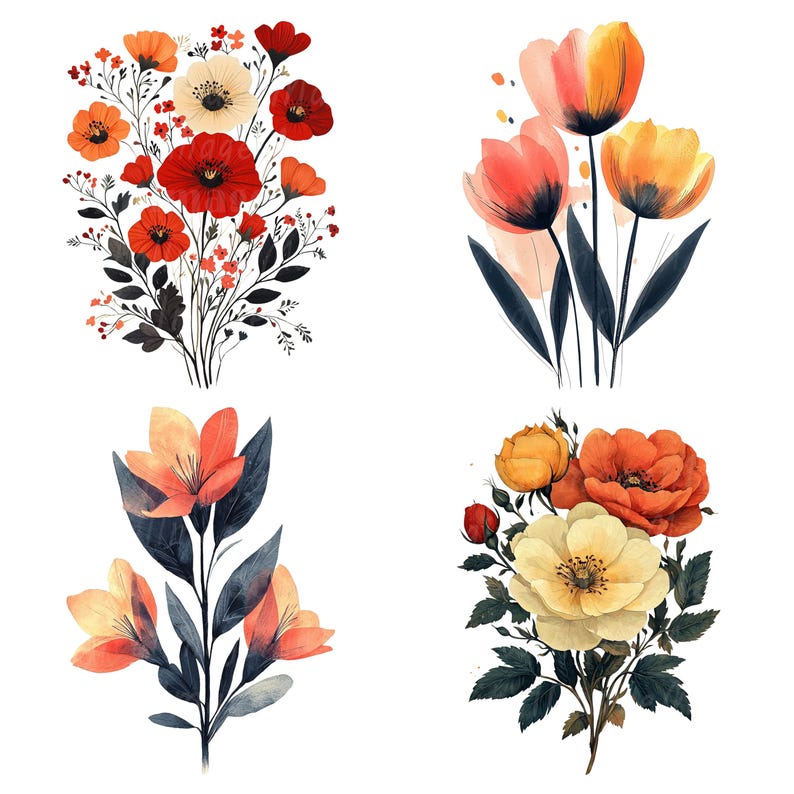 24 Various Flowers Clipart, Flowers Print, Printable Watercolor Clipart ...