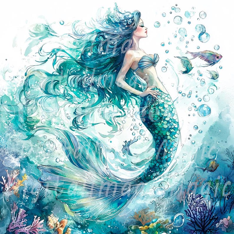 24 imágenes prediseñadas de sirena en acuarela, moda de sirena ...