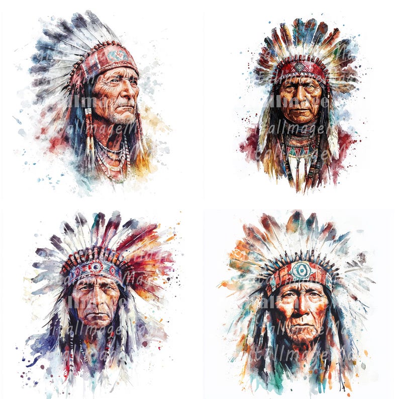 24 Native American Indian Chief Clipart, Printable Watercolor Clipart ...