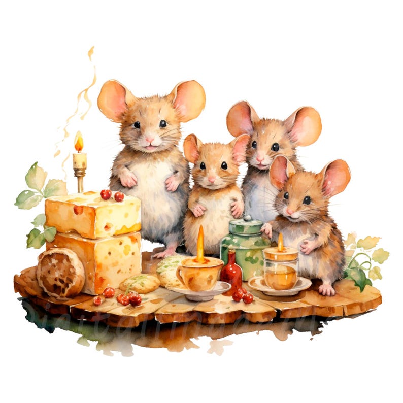 19 Mice Family Party Clipart, Mouse and Cheese, Printable Watercolor ...