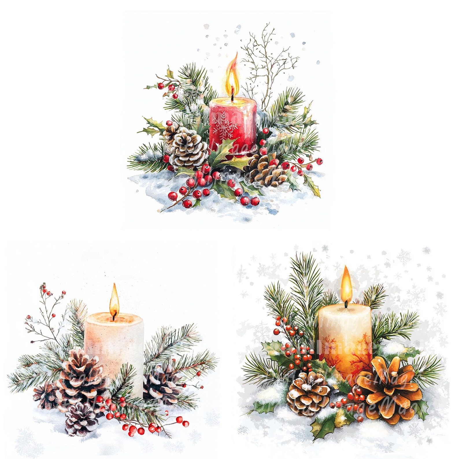 24 Christmas Candle Clipart, Candle Clipart, Printable Watercolor ...