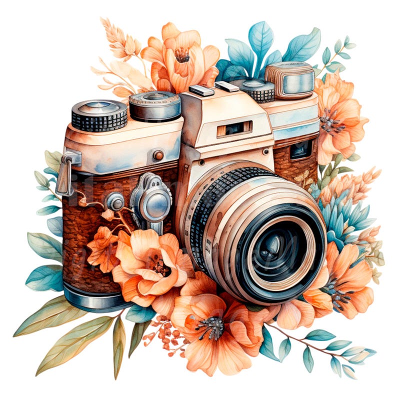 19 Vintage Floral Camera Clipart, Photo Camera, Printable Watercolor ...