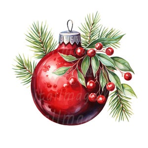 24 Red Bauble Clipart, Christmas Bauble Clipart, Printable Watercolor ...