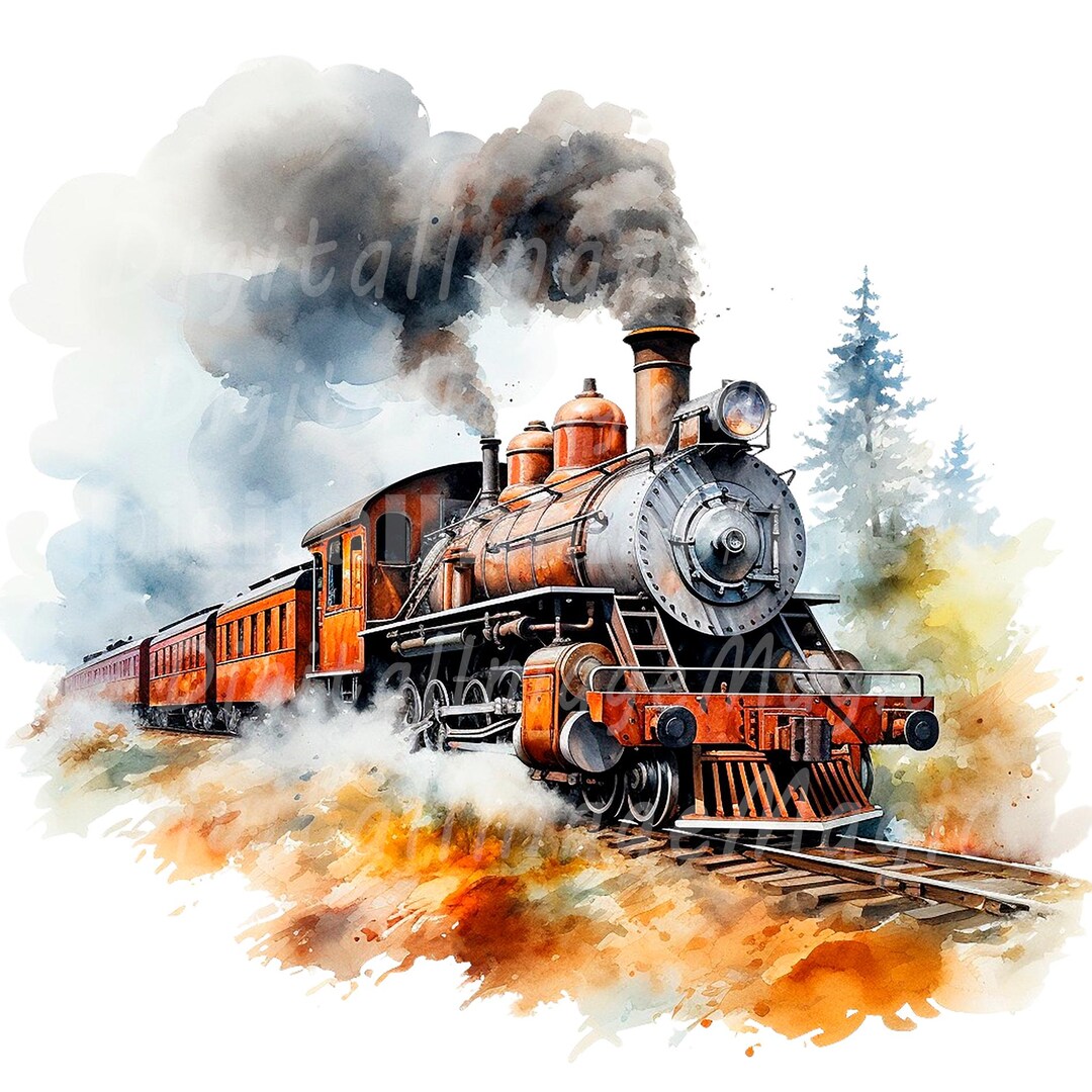 12 Cartoon Locomotives Clipart, Antique Train, Printable Watercolor ...