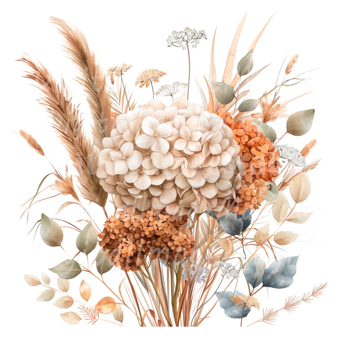 24 Boho Flowers Bouquet Clipart, Flowers Stationery, Hydrangeas ...