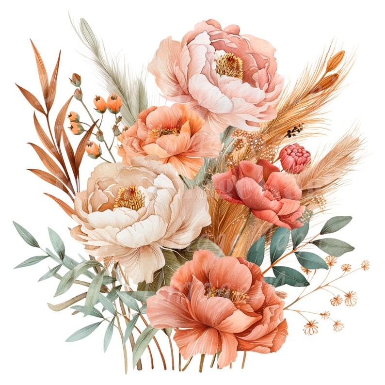 24 Boho Flowers Bouquet Clipart, Flowers Stationery, Peonies, Printable ...