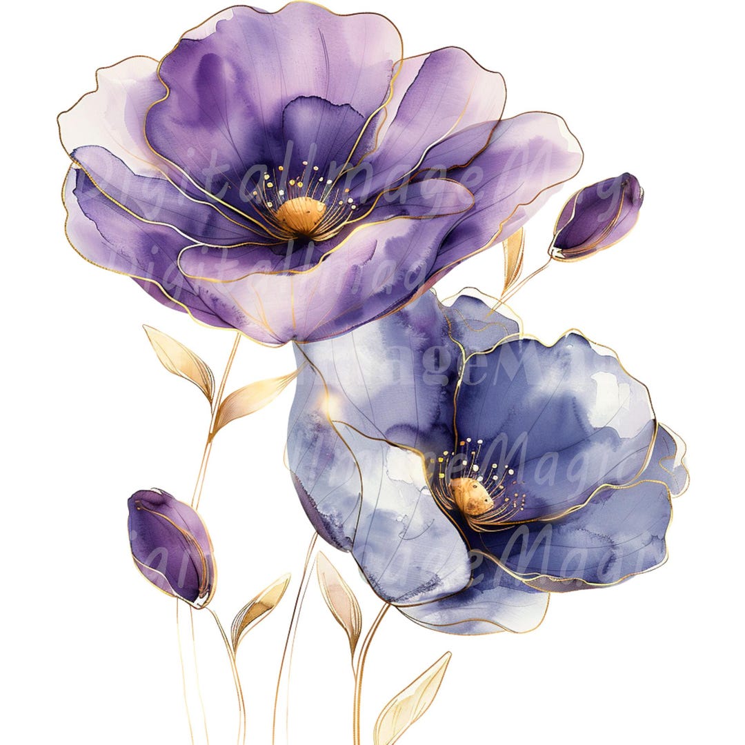 16 Abstract Flowers Clipart, Purple Flowers, Printable Watercolor ...
