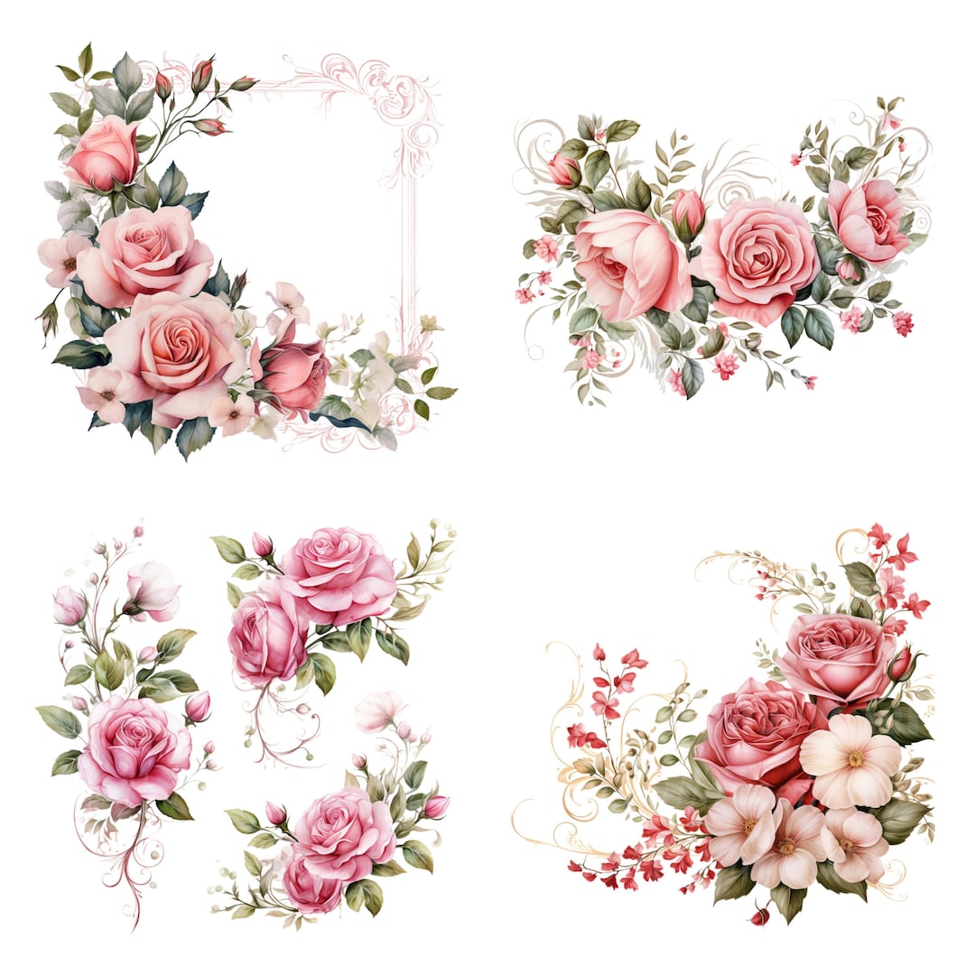 34 Floral Decors, Roses Border, Florals, Digital Clipart, Watercolor ...