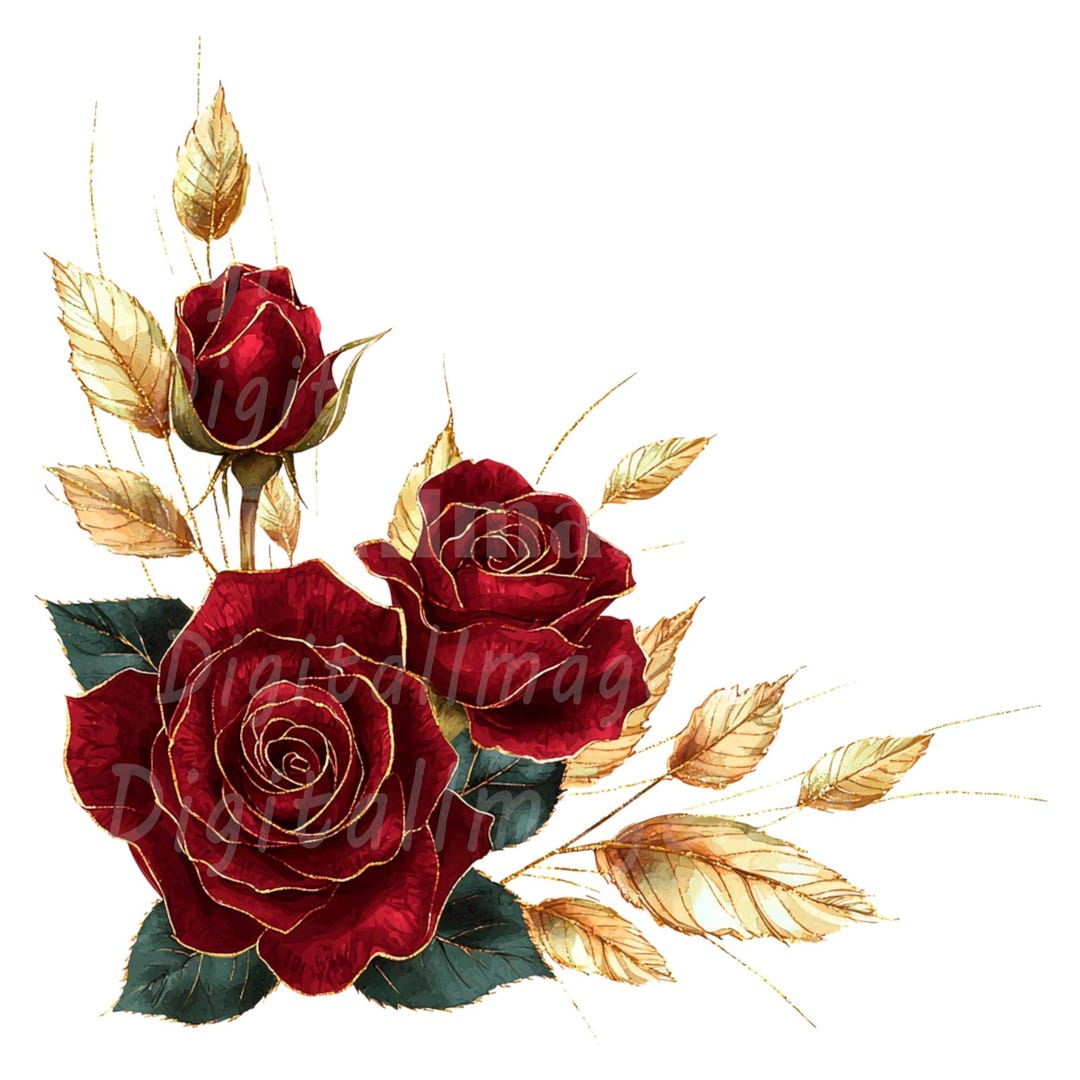 16 Red Gold Rose Clipart, Red Rose Stem, Printable Watercolor Clipart ...