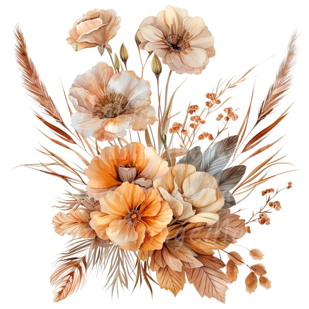 18 Boho Flowers Bouquet Clipart, Flowers Stationery, Eustoma, Printable ...