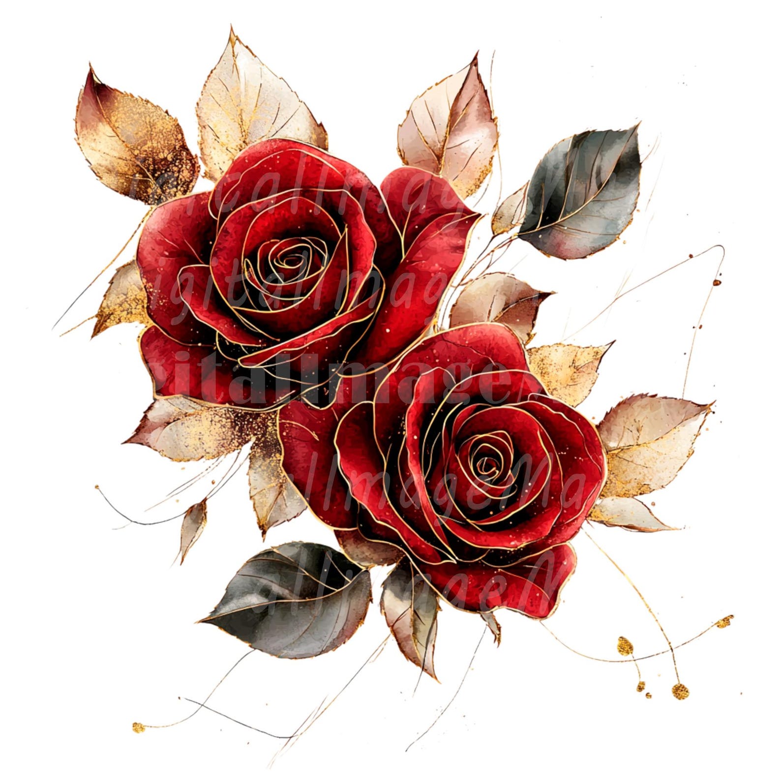 16 Red Gold Rose Clipart, Red Rose Stem, Printable Watercolor Clipart ...