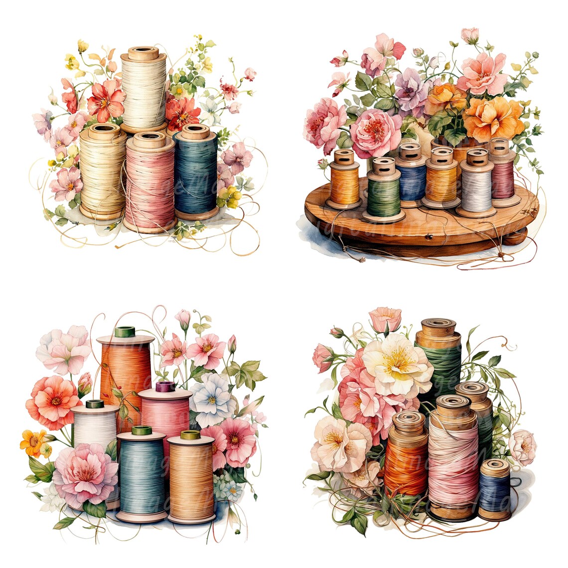 18 Vintage Spools of Thread Clipart, Floral, Printable Watercolor ...