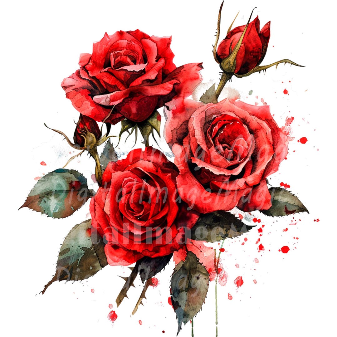 16 Red Roses Set 2 Clipart, Roses Bouquet, Printable Watercolor Clipart ...