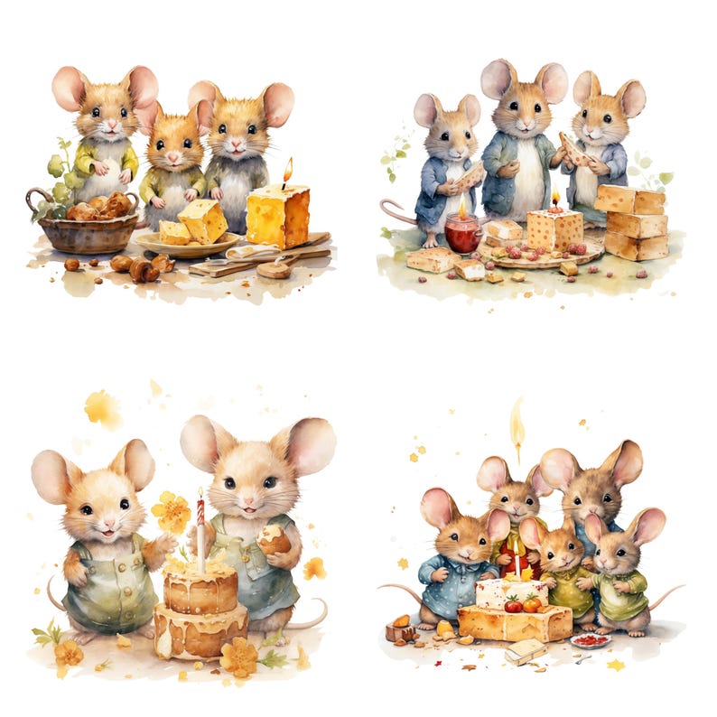 19 Mice Family Party Clipart, Mouse and Cheese, Printable Watercolor ...