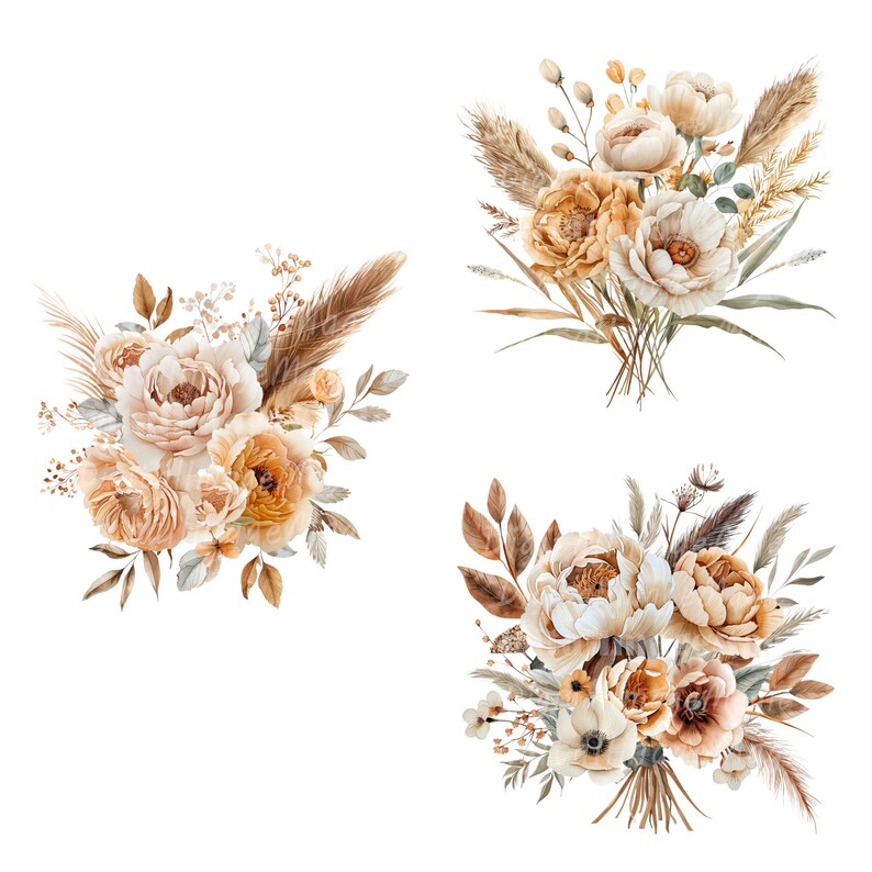 24 Boho Flowers Bouquet Clipart, Flowers Stationery, Peonies, Printable ...