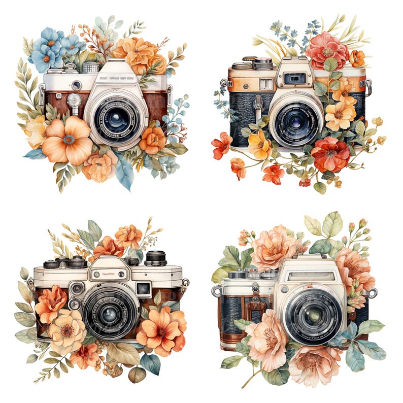 19 Vintage Floral Camera Clipart, Photo Camera, Printable Watercolor ...