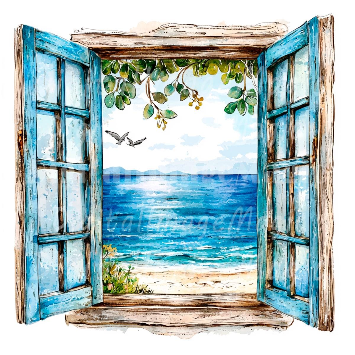 24 Window Ocean View Clipart, Window to Sea Clipart, Printable ...