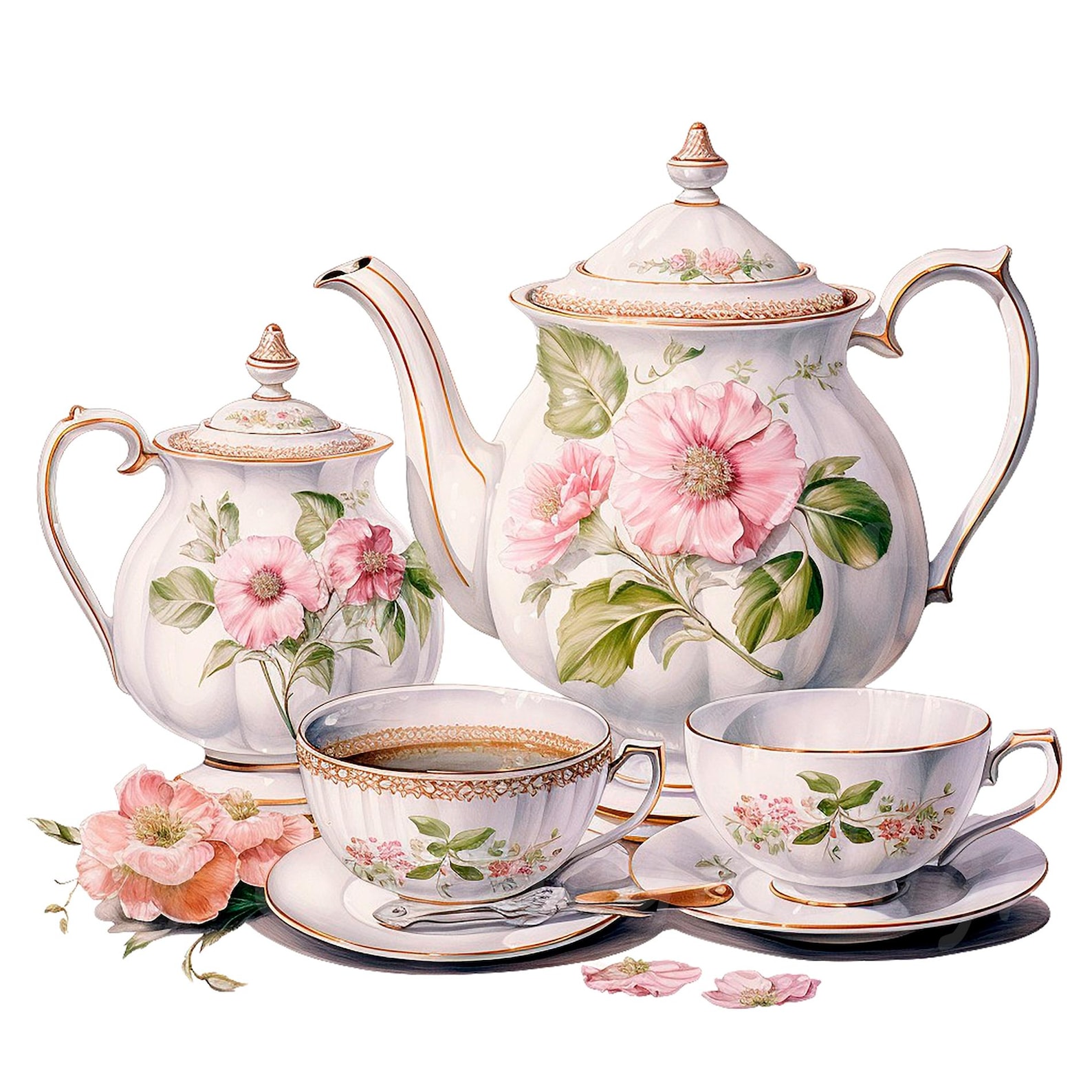 19 Vintage Tea Set Clipart, Floral Tea Set, Printable Watercolor ...