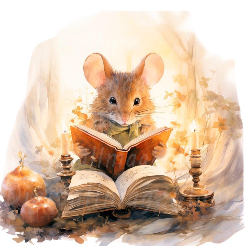 18 Mouse Reading Book Clipart, Mouse Bedroom, Printable Watercolor ...