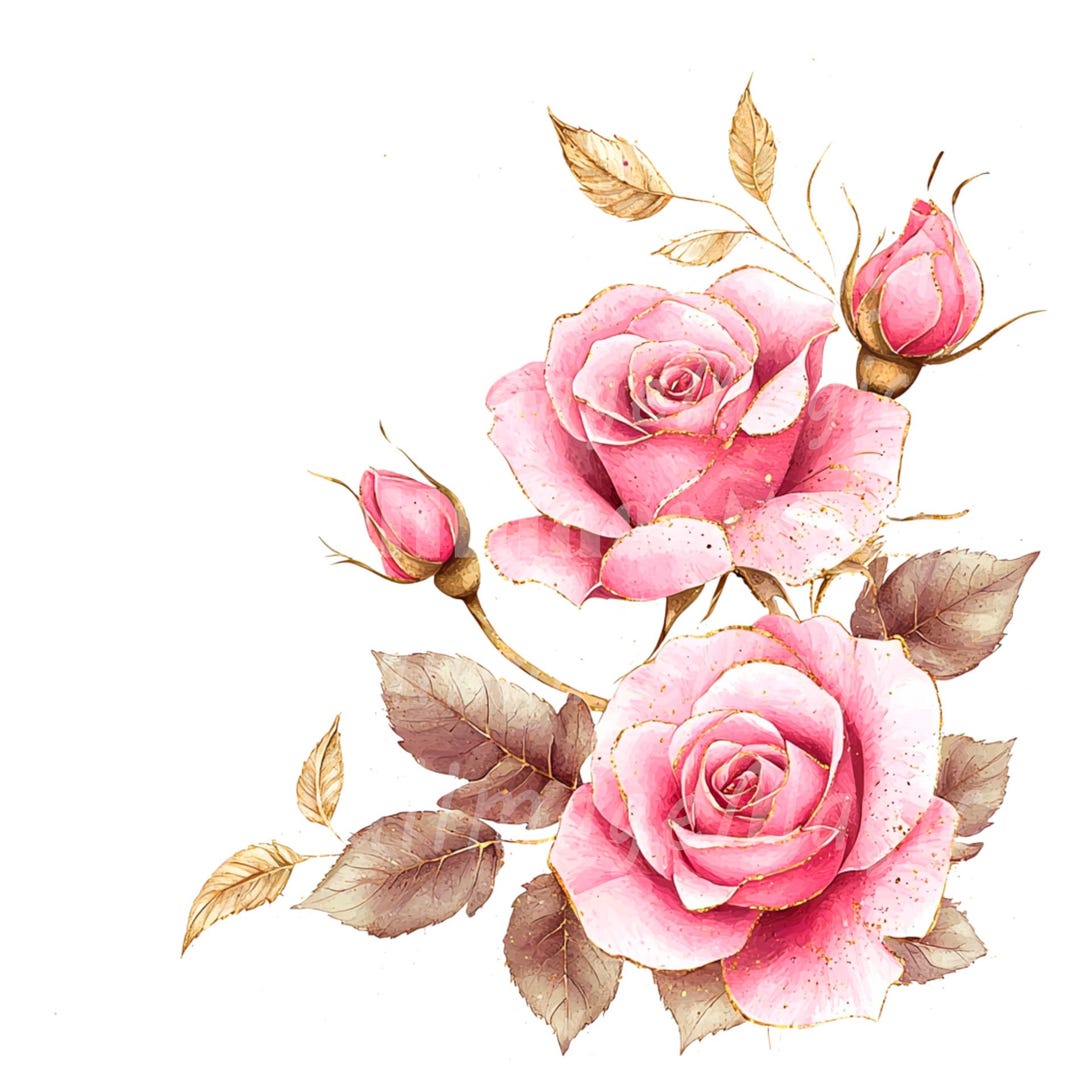16 Pink Gold Rose Clipart, Pink Rose Stem, Printable Watercolor Clipart ...