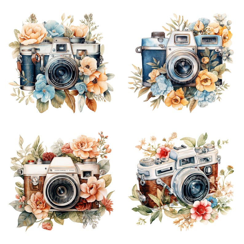 19 Vintage Floral Camera Clipart, Photo Camera, Printable Watercolor ...