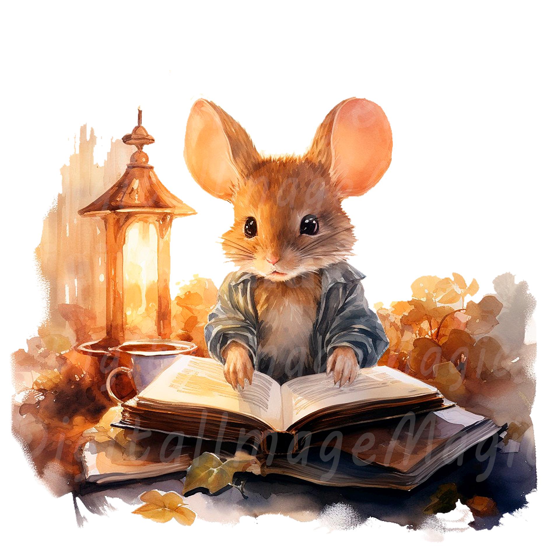 18 Mouse Reading Book Clipart, Mouse Bedroom, Printable Watercolor ...