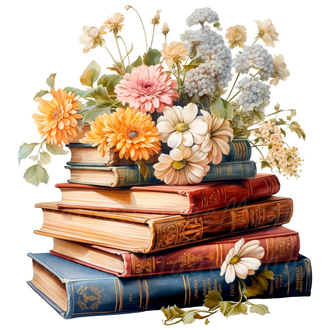 19 Books Pile Clipart, Floral Books Clipart, Printable Watercolor ...