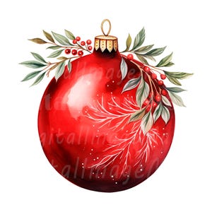 24 Red Bauble Clipart, Christmas Bauble Clipart, Printable Watercolor ...