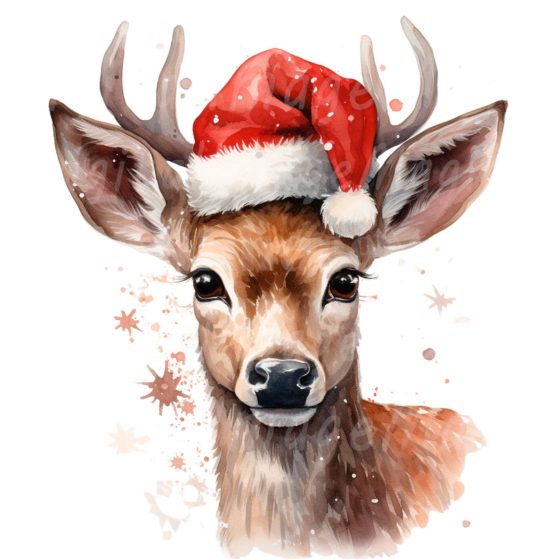 20 Deer With Santa Hat Clipart, Reindeer, Fawn, Printable Watercolor ...