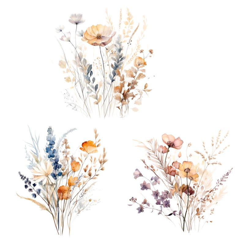 24 Boho Flowers Bouquet Clipart, Flowers Wall Art, Minimalistic ...