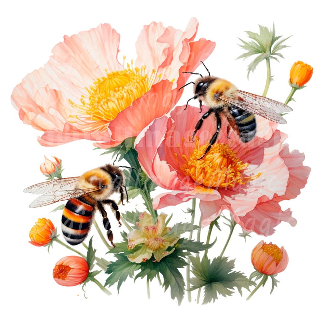 24 Bees in Flowers Clipart, Floral Bees Clipart, Printable Watercolor ...